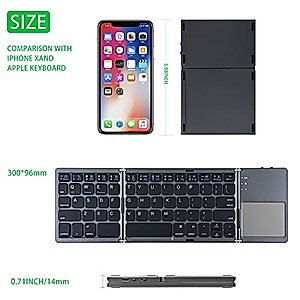 JPHTEK Foldable Bluetooth Keyboard with Touchpad, Portable Wireless Keyboards, Rechargeable Full Size Ultra Slim Pocket Folding Keyboards for Android Windows iOS Tablet & Laptop Gray