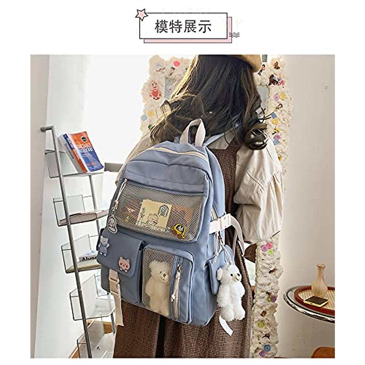 HUAFOOK Kawaii Backpack with Kawaii Pin Cute Accessories ?Kawaii Girl Backpack Cute Backpack Cute Aesthetic Backpack for School (Bule,One size)