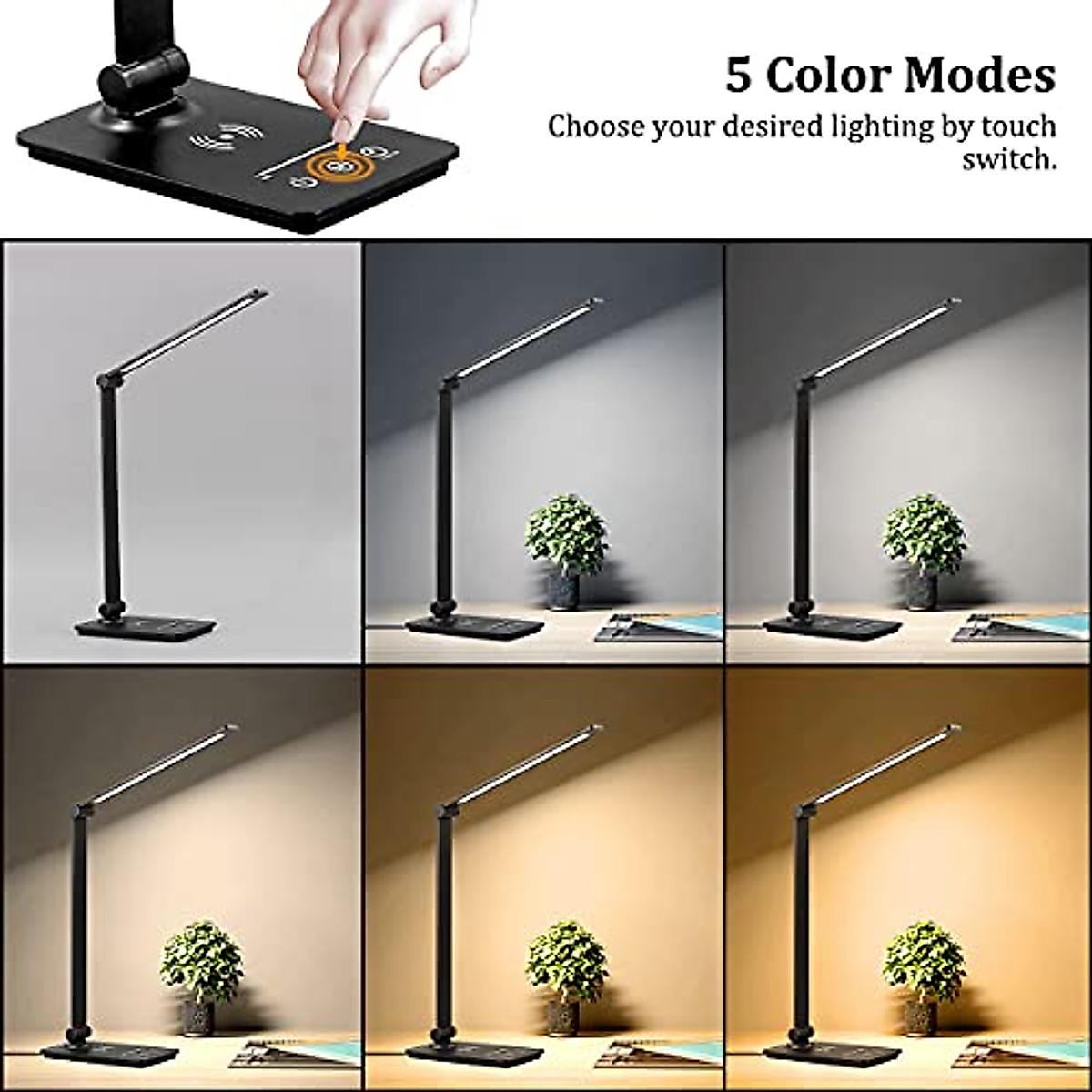 LED Desk Lamp with Wireless Charger, Desk Lamp for college dorm room with 5 Color Modes & Fully Dimming Function, Eye Caring Table Lamps for Study, Office Lamp with Adjustable Arm, Auto Timer 30/60min