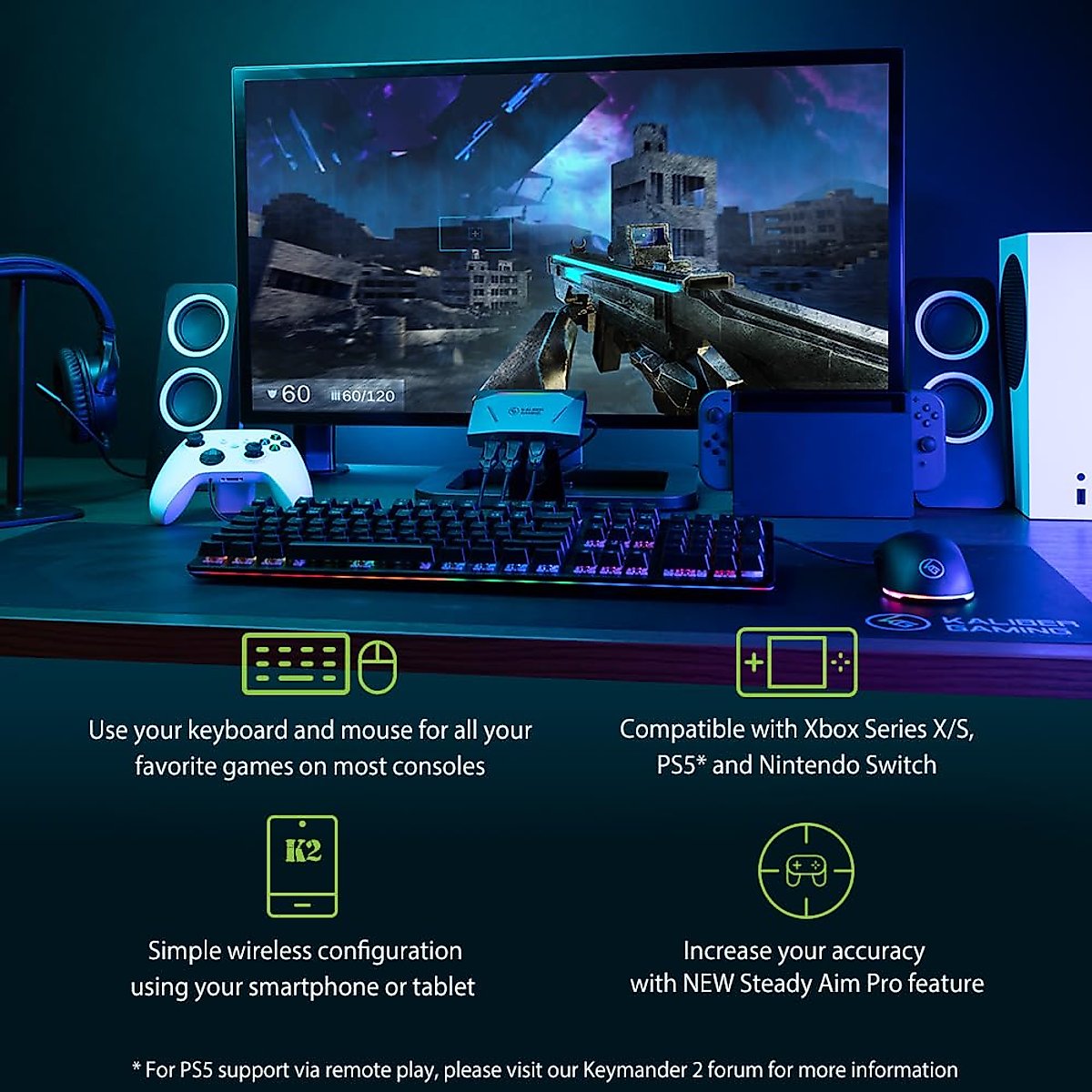 IOGEAR KeyMander 2 Keyboard/Mouse Adapter Plus Controller Crossover, PS4, PS5, Xbox Series X/S, Xbox One, Nintendo Switch, GE1337P2, FPS, mouse control