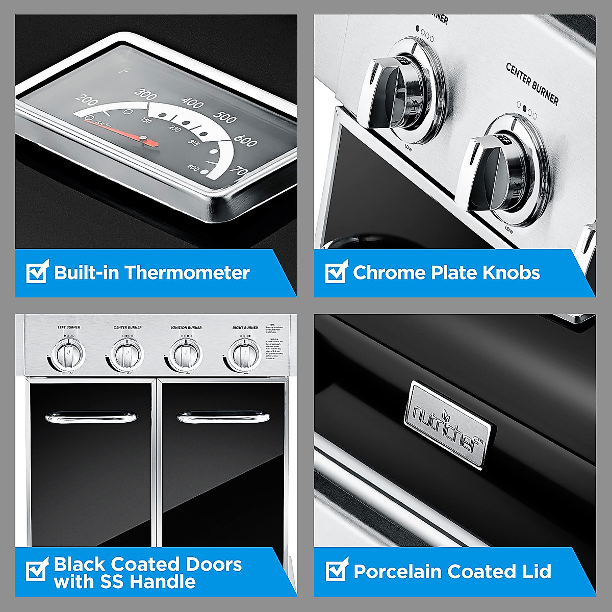 NutriChef 52,000 BTU 5-Burner Stainless Steel Propane Gas Grill with Portable Design, Electronic Ignition, Built-in Thermometer and Heavy-Duty Construction