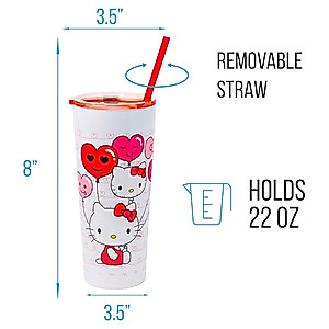 Silver Buffalo Sanrio Hello Kitty Heart Balloons Double Walled Stainless Steel Tumbler with Straw, 22 Ounces