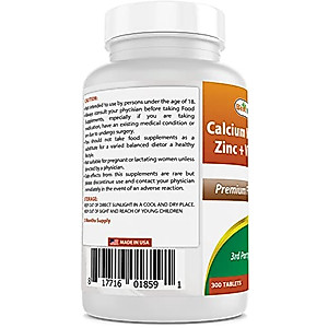 Best Naturals Calcium Magnesium Zinc with Vitamin D3, 300 Tablets - Calcium 1000 mg, Magnesium 400 mg, Zinc 25 mg & D3 600 IU per Serving (3 Tablets)