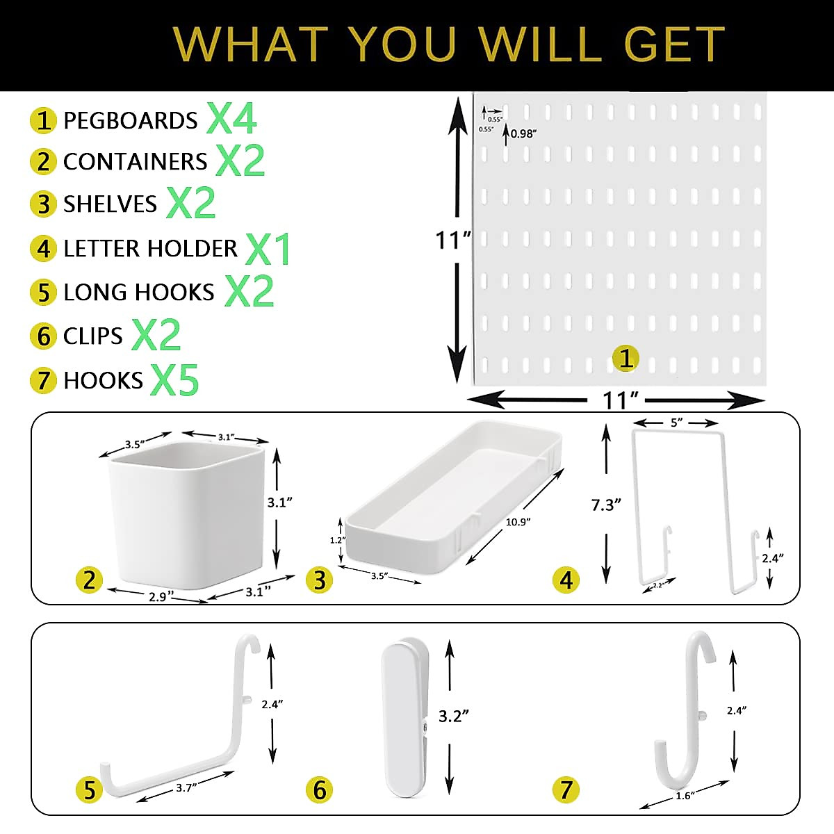 MULSAME Pegboard Combination Kit, Wall Mounted Storage Set with 8 Pegboards & 28 Accessories Hanging, White Peg Boards Organizer for Walls Display, Crafts Organization, Kitchen Organizer, 22" x 44"