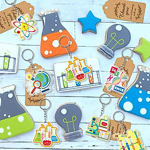 BUYWUMORE Science Party Favors 12 Sets with Keychains Thank You Kraft Tags and Organza Bags for Scientist Theme Birthday Party Classroom Rewards School Party Supplies