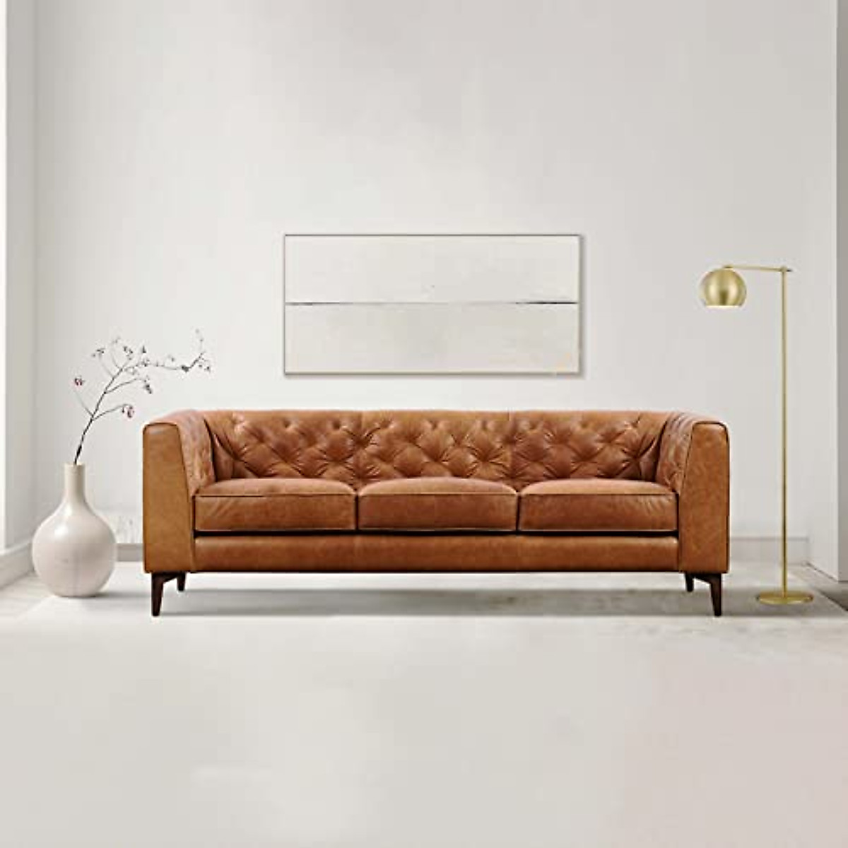 POLY & BARK Essex Leather Couch – 89-Inch Leather Sofa with Tufted Back - Full Grain Leather Couch with Feather-Down Topper On Seating Surfaces – Vintage Pure-Aniline Italian Leather – Cognac Tan