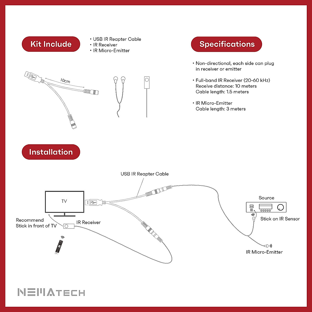 NemaTech Premium Multi-Room Remote Control IR Extender and Repeater Solution (USB Powered)