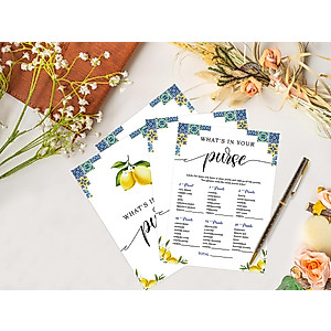Blue Tiles and Lemons What's In Your Purse Game for 30 Guests with Game Cards, Lemons Bridal Shower Game, Modern Bridal Shower Decorations, Wedding Shower or Bachelorette Party Supplies - 02