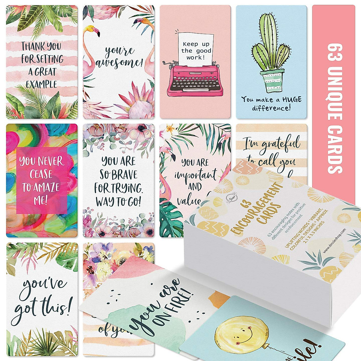 Dessie Motivational Cards - 63 Unique Inspirational Cards. Business Card Sized Encouragement Cards for Employees, Thinking of You Gifts, Appreciation Cards, Kindness Cards, Lunch Box Notes