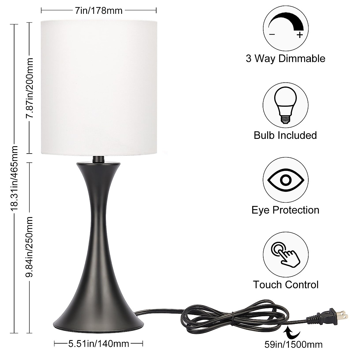 3-Way Dimmable Table Lamp, Touch Control Nightstand Lamp with Ocean Style Fabric Lampshade, Silver Modern Bedside Lamp for Bedrooms Living Room Children Room Nursery Play Room, LED Bulb Included
