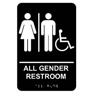 All Gender Restroom Sign Set, ADA Compliant Title 24 Set, Wall & Door Sign, Braille Grade II(Californian), Title 24,12" Diameter Round Door Sign & Tactile Wall Sign (Black)
