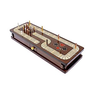House of Cribbage - Continuous Cribbage Board/Box Inlaid in Wenge Wood/Maple : 4 Track - Cards & Pegs Storage Drawer with Score Marking Fields for Skunks, Corners and Won Games