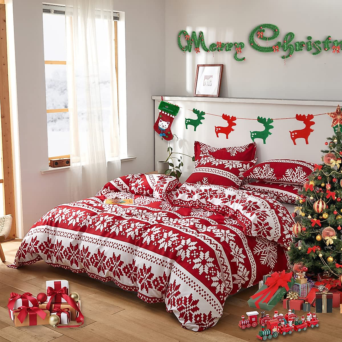 Joyreap 3 Pieces Christmas Duvet Cover Set, Red and White Reindeer Snowflake and Tree Pattern, Soft Breathable Microfiber for All Season, 1 Duvet Cover and 2 Pillow Shams (Full/Queen, 90x90 inches)