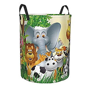 Laundry Basket,Animals In Jungle Elephant Giraffe Panda Bear Pig Lion Hippo Animation Cartoon Art,Large Canvas Fabric Lightweight Storage Basket/Toy Organizer/Dirty Clothes Collapsible Waterproof For College Dorms-Large