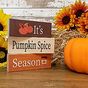 JennyGems It's Pumpkin Spice Season Wooden Block Signs, Fall Decor, Harvest Autumn Thanksgiving Decor, Fall Decorations for Home, Tiered Tray, Made in USA