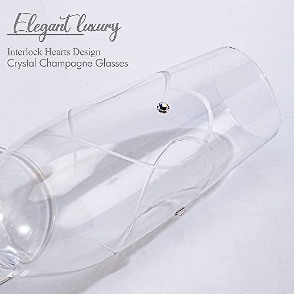 VARLKA Champagne Flutes set of 2, Bride and Groom Wedding Toasting Champagne Glasses with Love Heart Decorated with Real Crystals, Wine Glasses, Wedding Gifts for Couple Engagement gifts