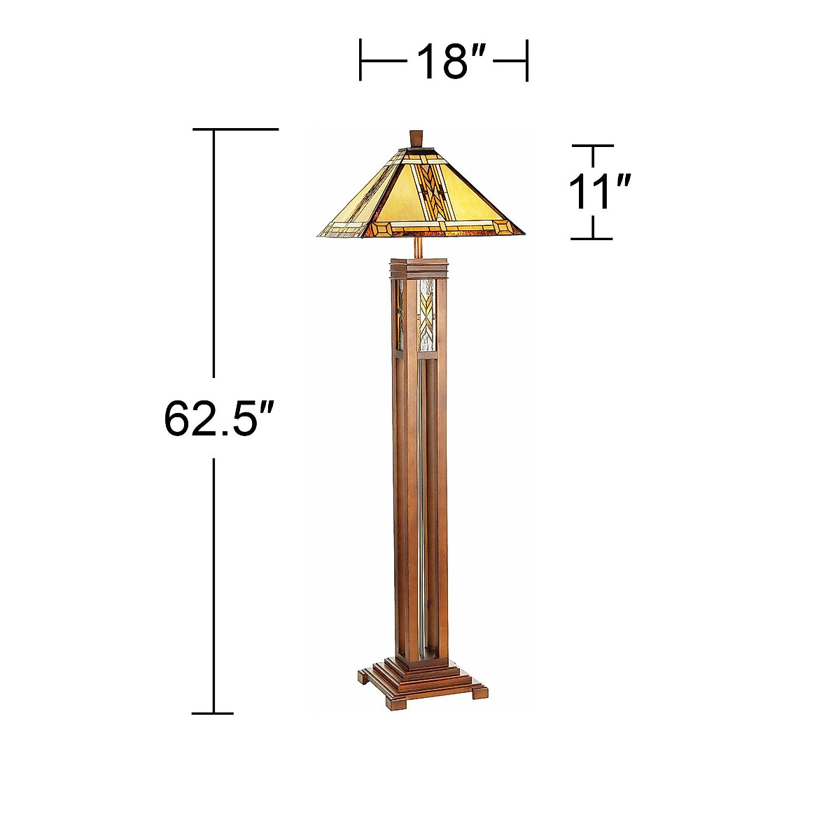 Robert Louis Tiffany Mission Rustic Tiffany Style Floor Lamp with Night Light 62.5" Tall Walnut Wood Column Square Geometric Stained Glass Shade Decor for Living Room Reading House Bedroom