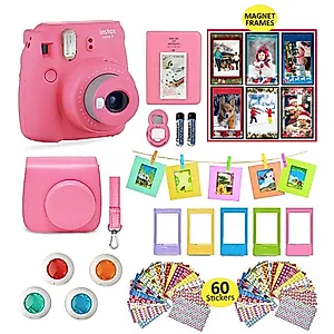 Fujifilm Instax Mini 9 Instant Camera with Accessories | Bundle of Soft Leather Case + Mini Photo Album + 6 Christmas Magnet Frames + 4 Colored Lenses + Selfie Lens + 10 Photo Frames + Stickers + More