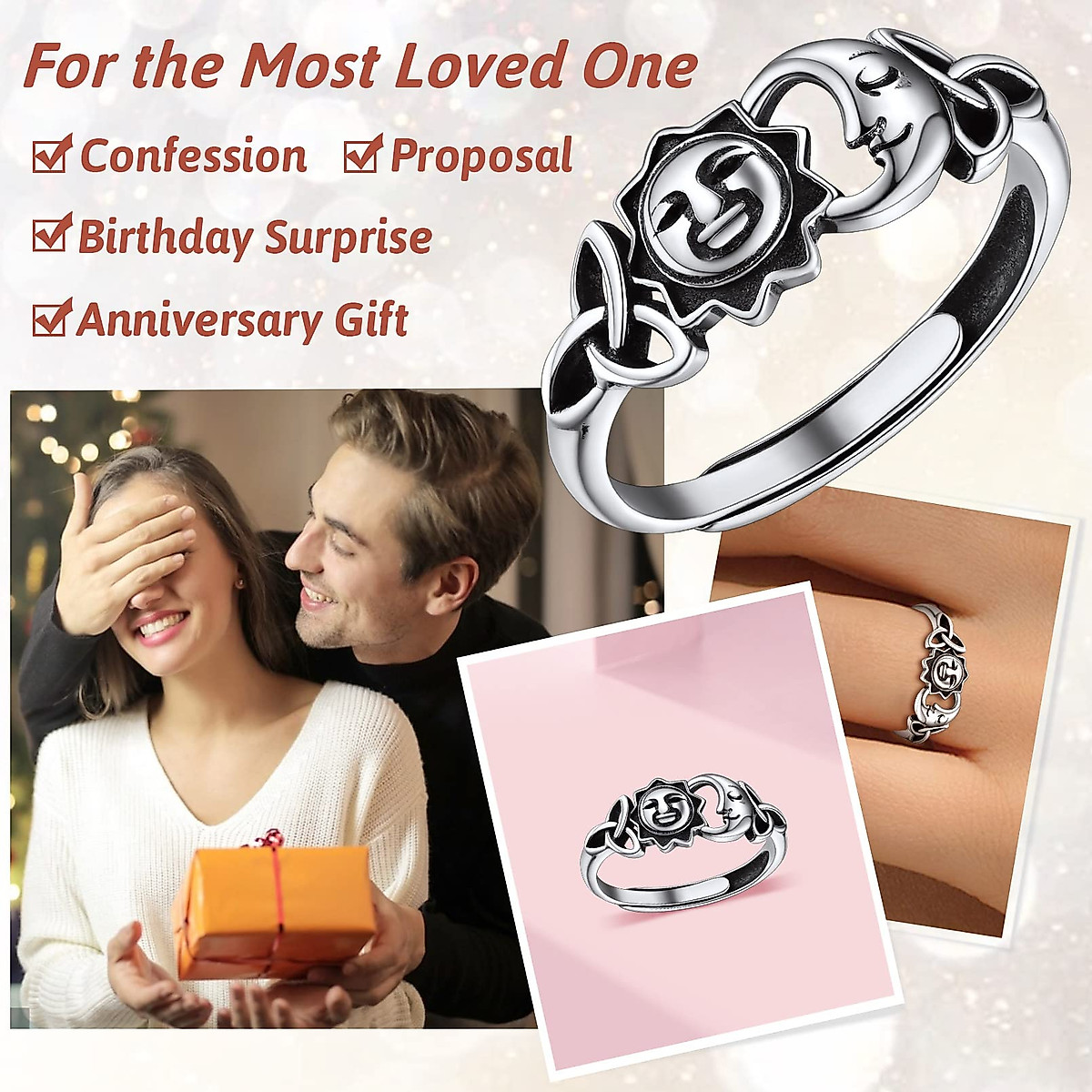 FaithHeart Sterling Silver Open Rings Women Celtic Sun and Moon Antiqued Polished Stacking Finger Ring Charms