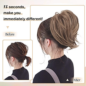 BARSDAR Straight Hair Bun Extensions - Short Straight Ponytail Blonde Hair Bun Extensions for Women, Synthetic Elastic Messy Hair Bun Scrunchies Hairpieces Daily - Light Ash Blonde Mix