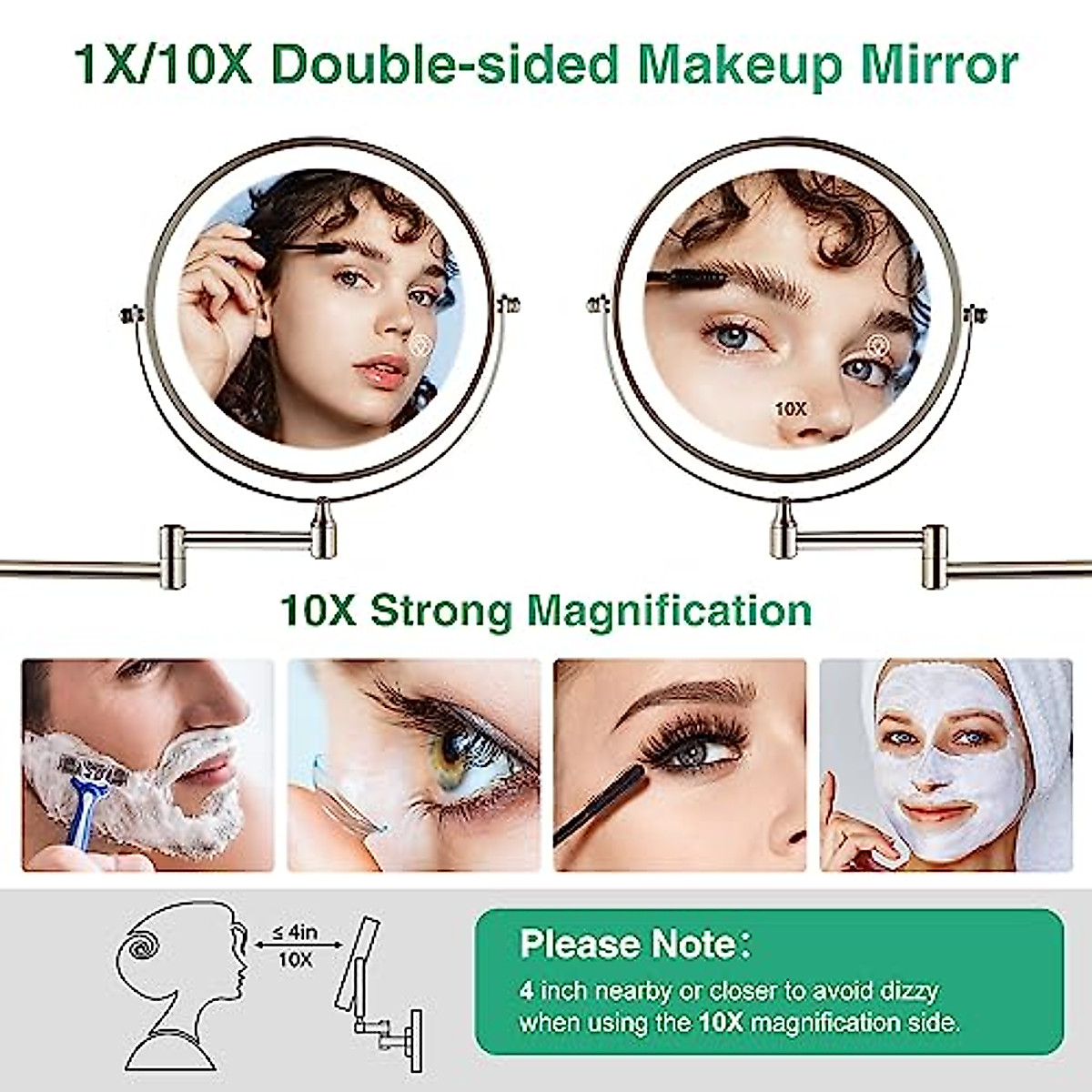 GREENFROM Rechargeable Wall Mounted Makeup Mirror Brushed Nickel, 8.5'' Magnifying Mirror with Lights Double-Sided 1X/10X 360° Rotation Extension Bathroom Shaving Mirror with Foldable Arm