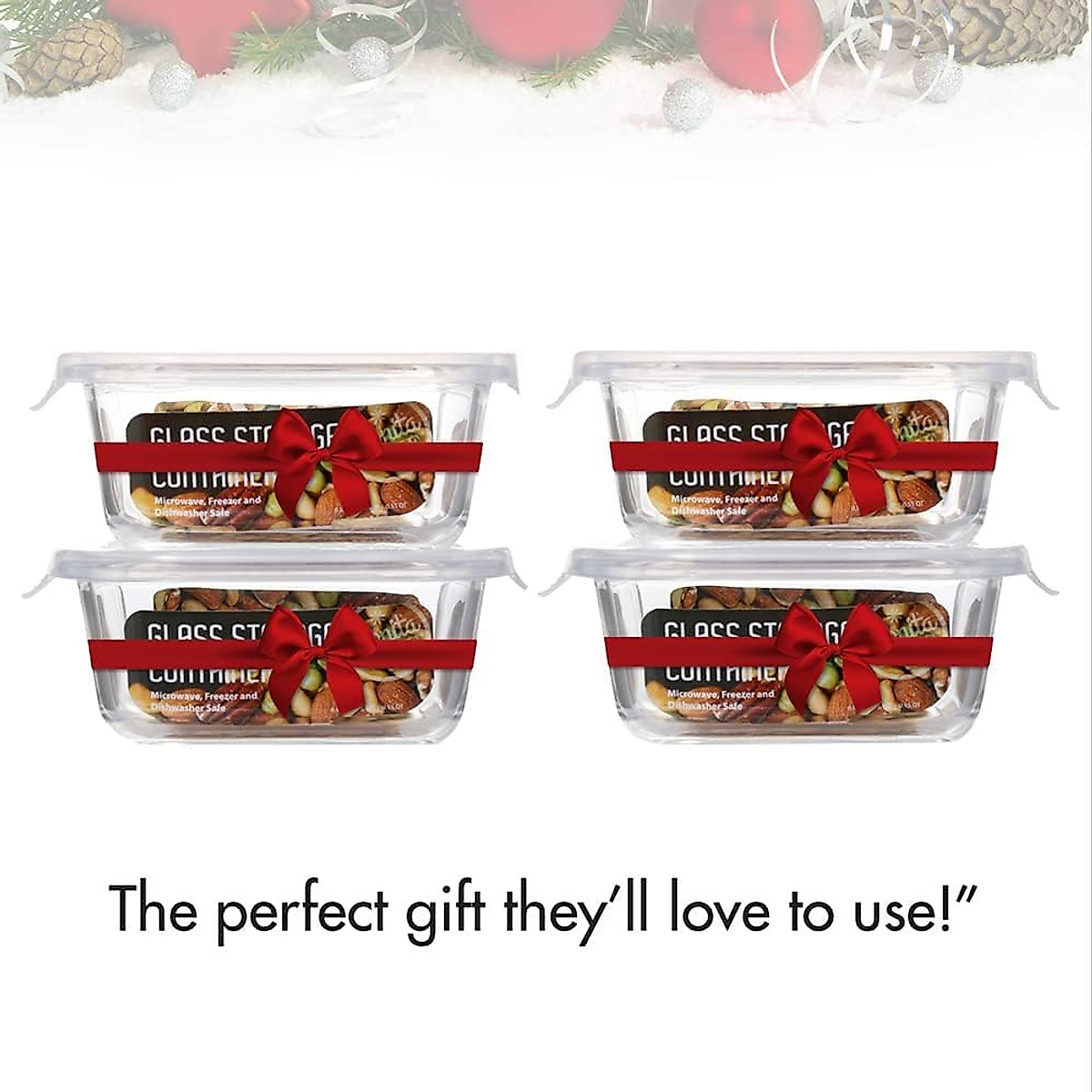 Bonita Home Square Glass Storage Container, Stackable BPA Free Airtight Seal Food Containers with Lids, Meal Prep Kitchen Organization and Storage, 5"x5" x 2.5", 17.6oz, 0.52L, 4 Pack, Red (New Lid)