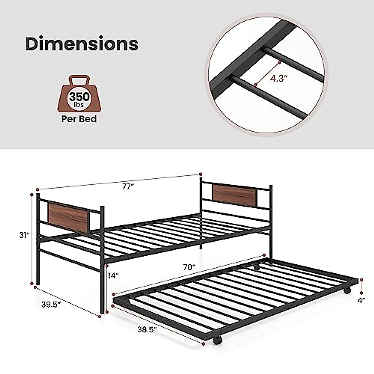 Giantex Metal Daybed with Trundle, Twin Size Day Bed with Wood Grain Headboard & Metal Slat Support, Space-Saving Trundle Sofa Bed for Living Room Guest Room, Easy Assembly, No Box Spring Needed