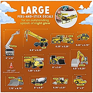 Glow in The Dark Construction Wall Stickers - 10 Large Bright Wall Decals for Bedroom Walls and Ceilings - Glowing Decorations for Boys Room and Girls Room