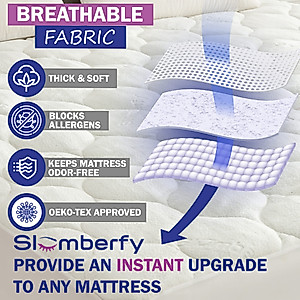 Queen Size Waterproof Premium Mattress Pad by Slumberfy – Quilted Fitted Bamboo Mattress Protector - All Natural & Breathable Fabric, Cooling Mattress Topper (60x80 in)