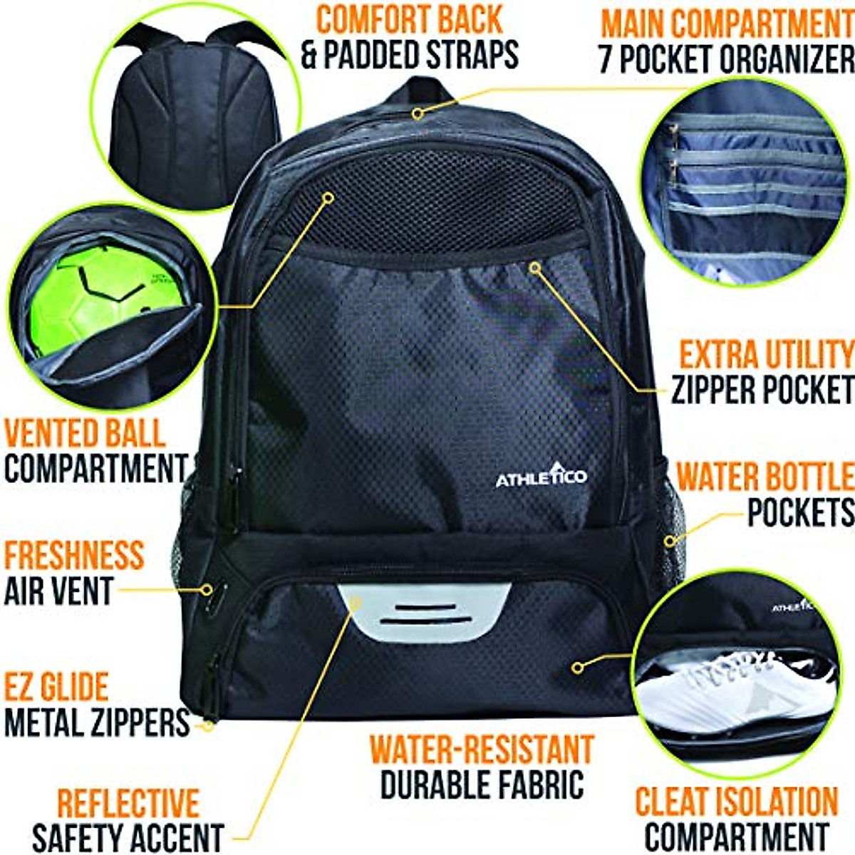 Athletico Youth Soccer Bag - Soccer Backpack & Bags for Basketball, Volleyball & Football | Includes Separate Cleat and Ball Compartment (Black)