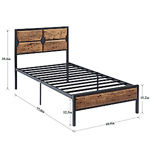 VECELO Twin Size Platform Bed Frame with Wood Headboard/Mattress Foundation/Premium Steel Slats Support/No Box Spring Needed,Brown(Modern)