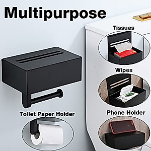 TRUSTMI Toilet Paper Holder with Storage Phone Standing Shelf Tisuse Box Cover Wall Mounted Square Bathroom Wet Wipe Facial Organizer, Matte Black