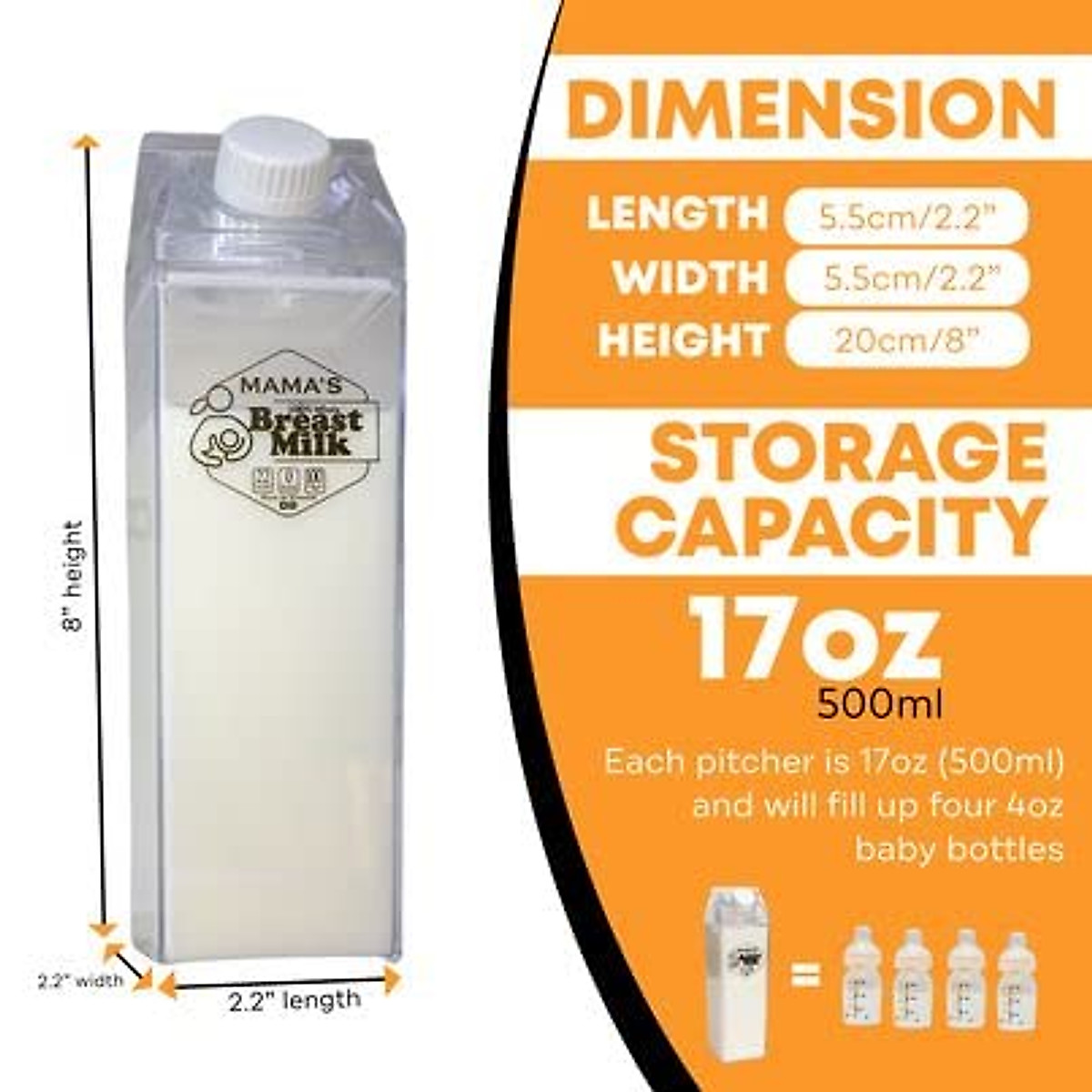 Breast Milk Pitcher for fridge - 3PACK 17oz Breast milk storing containers w/ 10pcs breastfeeding stickers for adults | Acrylic Milk carton water bottles | breastmilk storage bottle formula pitcher