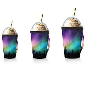 Reusable Iced Coffee Sleeve with Handle Northern lights aurora Insulator Neoprene Cup Sleeve for Cold Drinks Beverages, Men Women Beverages Sleeve Coffee Sleeve Holder 30-32oz