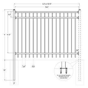 XCEL - Black Steel Anti-Rust Fence Panel - Flat End Picket - 6.5ft W x 5ft H - Easy Installation Kit, Outdoor Residential Fencing for Yard, Garden, Concrete, 3-Rail Metal Fence, include a Fence Post