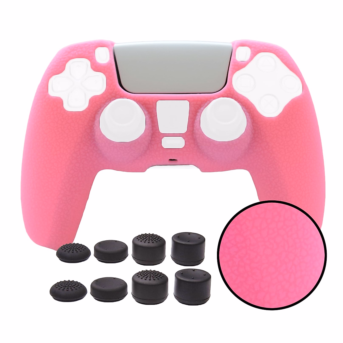 Pandaren PS5 Controller Cover, Texture Pattern PS5 Controller Skin for PS5 Controller Sweat-Proof Anti-Slip Silicone Grips Hand Grip with 8pcs FPS Pro Thumbsticks Cap Protector(Pink)