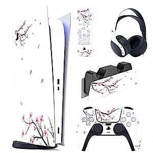 PlayVital Falling Cherry Blossom Full Set Skin Decal for ps5 Console Digital Edition, Sticker Vinyl Decal Cover for ps5 Controller & Charging Station & Headset & Media Remote