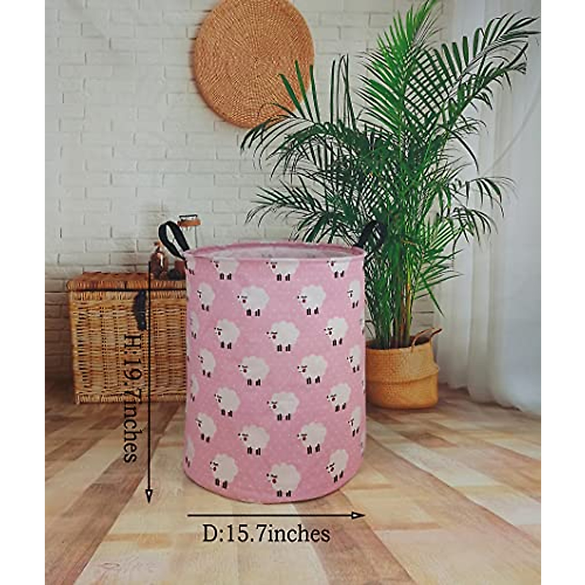 VAIVUSTO Round Laundry Basket, Waterproof Canvas Large Clothes Basket Laundry Hamper with Handles,Cute Cartoon Kids Nursery Hamper for Girls Room,Toy Storage (Pink Sheep)