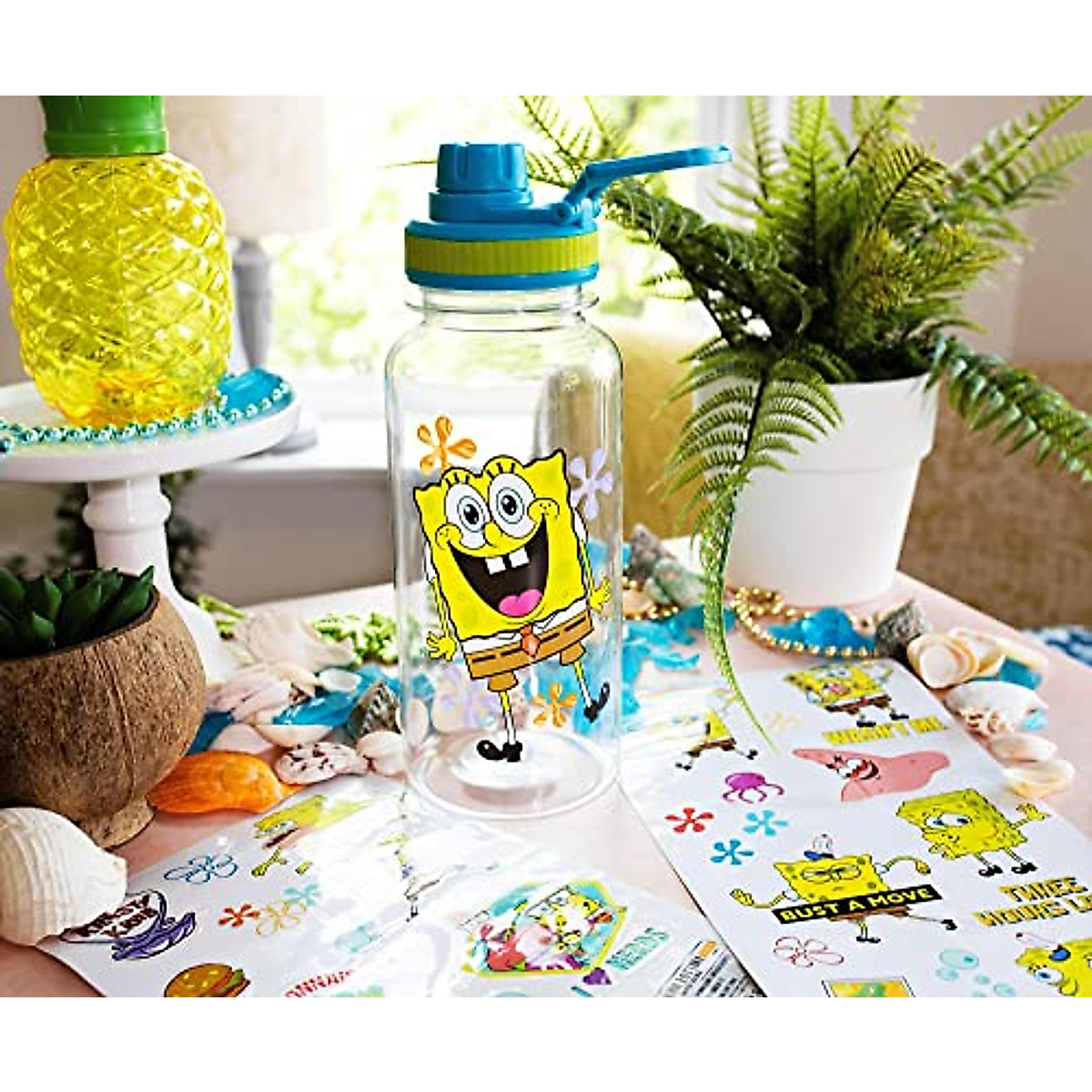 Silver Buffalo SpongeBob SquarePants Happy Laugh Flowers 32-Ounce Twist Spout Water Bottle And Sticker Set | BPA-Free Plastic Sports Jug
