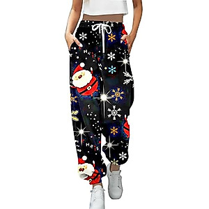 Womens Cargo Sweatpants,Womens Sweatpants with Pockets Christmas Print High Waisted Workout Active Joggers Drawstring Lounge Running Sweatpants Red Wine Glass Graphic Print Black XL