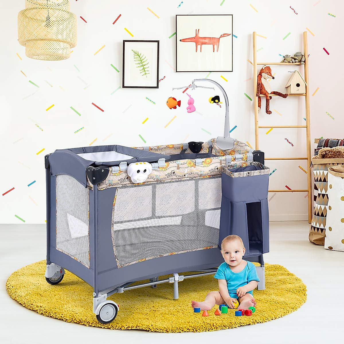 Costzon 3 in 1 Pack and Play, Portable Baby Playard with Bassinet, Changing Table, Music Box, Wheels & Brake, Basket, Carry Bag, Co-Sleeper Bassinet Compact Travel Crib for Indoor Outdoor Use Grey