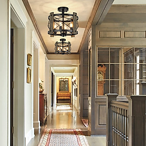 BrightHome Farmhouse Rustic Light Fixture Ceiling Mount, Semi Flush Mount Ceiling Light Fixture, 4-Light Black Industrial Retro Washed Ceiling Light for Kitchen Dining Room Bedroom Hallway Bathroom