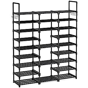 Tribesigns 9 Tier Shoe Rack Shoe Shelf Large Shoe Rack Storage Organizer for Entryway with Side Hooks, 50-55 Pairs Metal Shoe Racks Shoe and Boots Shelf for Closet