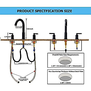 KINGO HOME Widespread Matte Black 3 Hole Bathroom Faucet, 2 Handle Black Bathroom Sink Faucet Modern Vanity Faucet with Supply Hoses, Pop Up Drain Stopper for Bathroom Sink