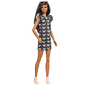 Barbie Fashionistas Doll #140 with Long Brunette Hair Wearing Mouse-Print Dress, Pink Booties & Sunglasses, Toy for Kids 3 to 8 Years Old