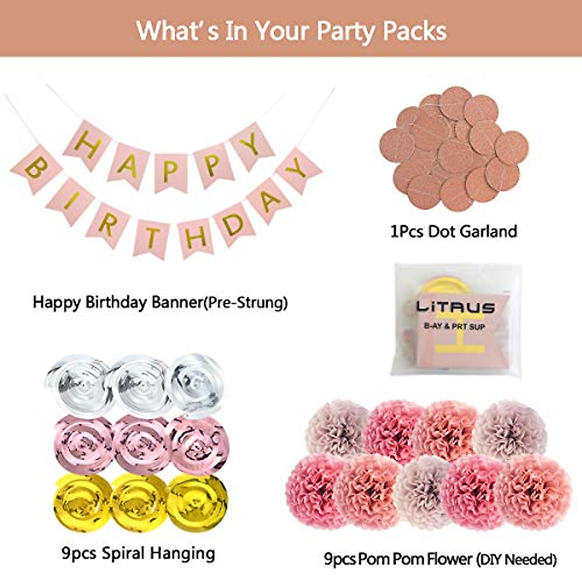 LITAUS Rose Gold Birthday Decorations - Pack of 20 | Happy Birthday Banner, Tissue Paper, Swirls, Garland | Happy Birthday Decorations | Birthday Decorations for Women | Birthday Party Decorations