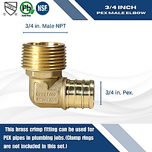 5 PIECES XFITTING 3/4" PEX X 3/4" MALE NPT THREADED ELBOW 90 DEGREE BRASS BARBED CRIMP FITTING - BRASS, FULL PORT