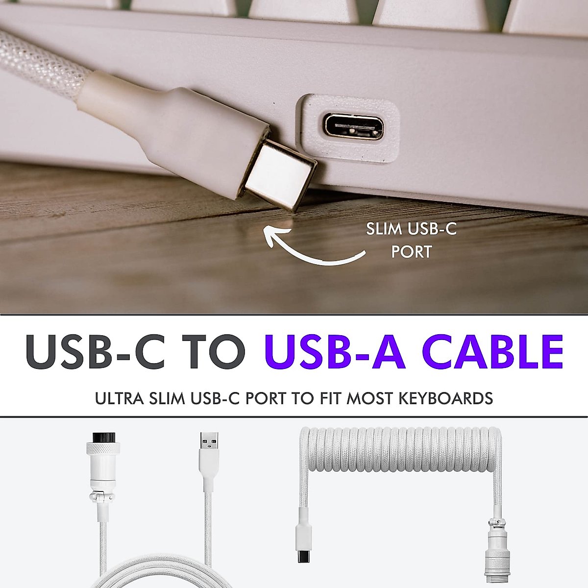 Tilted Nation Coiled USB C Cable for Mechanical Keyboard - Flexible but Tough - Detachable Aviator Coiled Keyboard Cable USB C - (5ft to 5.7ft Length) USB-A to USB-C Keyboard Coiled Cable - White