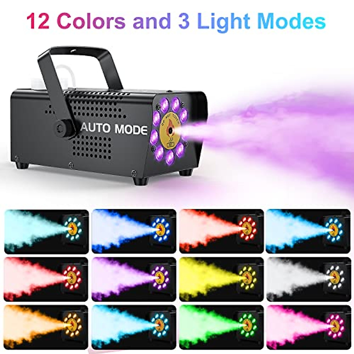 Fansteck Fog Machine with 9 LED Lights, Automatic Smoke Machine with 12 Color RGB Lights Effect for Halloween Party Wedding Christmas Stage, 500W Portable Fog Machine Outdoor with Remote Control