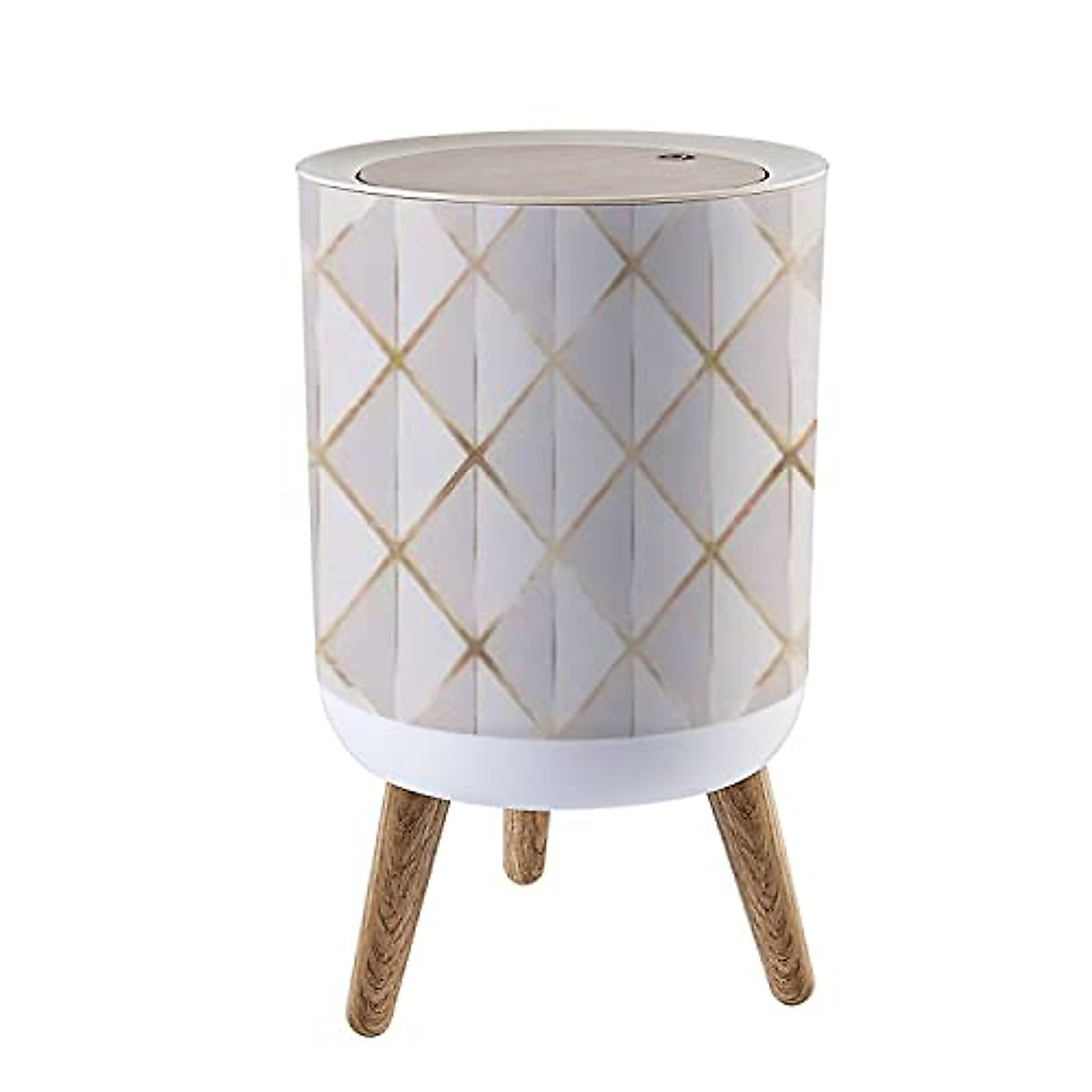 IBPNKFAZ89 Small Trash Can with Lid Geometric Gold Glitter 3D Rhombus Tile Seamless Garbage Bin Wood Waste Bin Press Cover Round Wastebasket for Bathroom Bedroom Diaper Office Kitchen